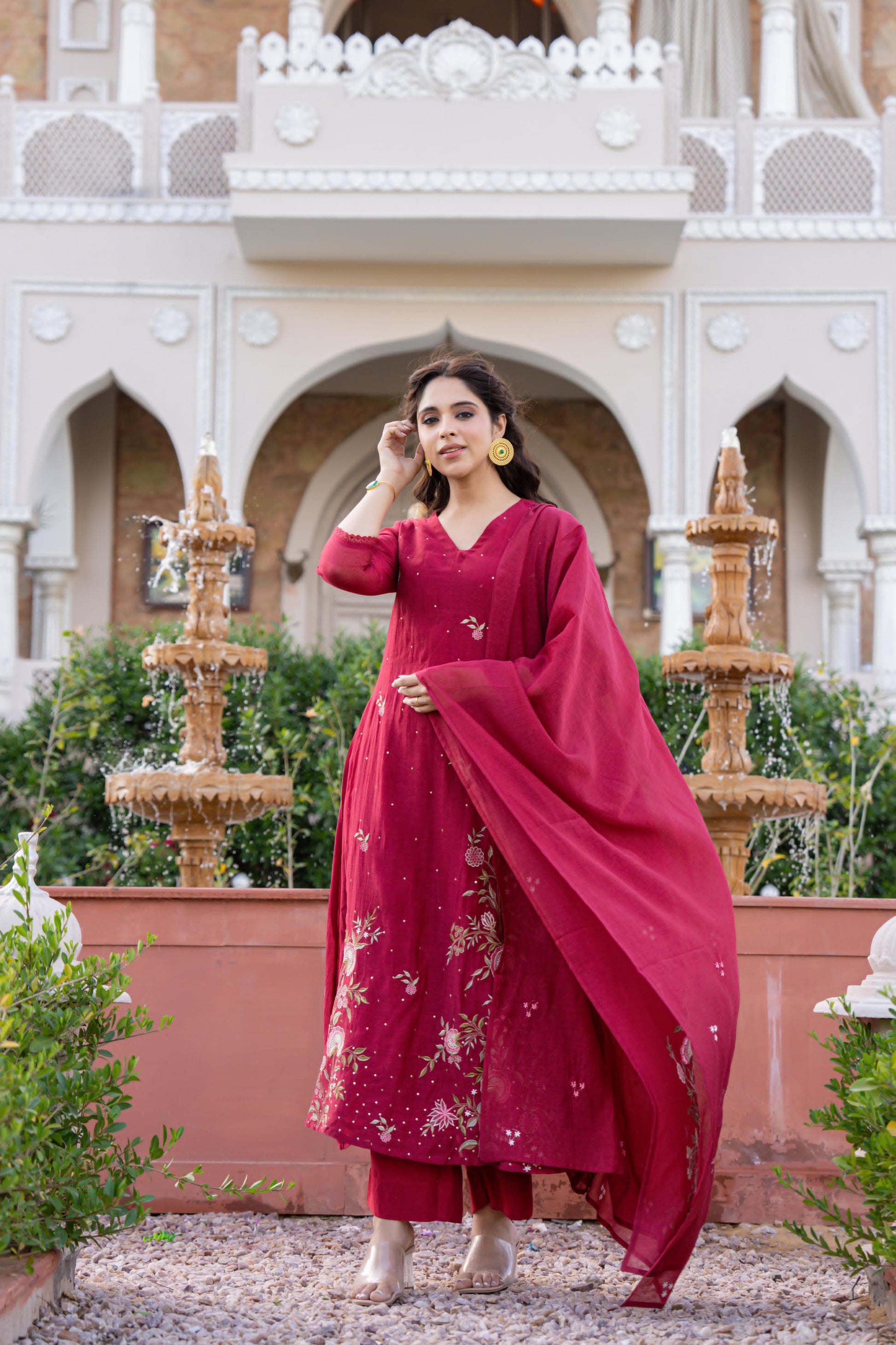 Wine Red Embroidered Salwar Suit Set – modeandminimal1