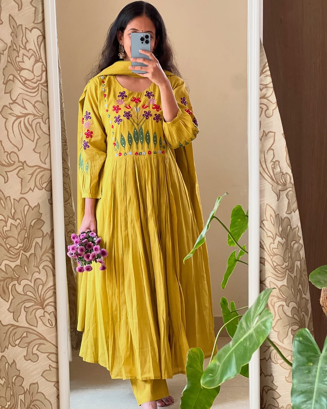Mustard Yellow Embroidered Anarkali Kurta Set with Dupatta ...