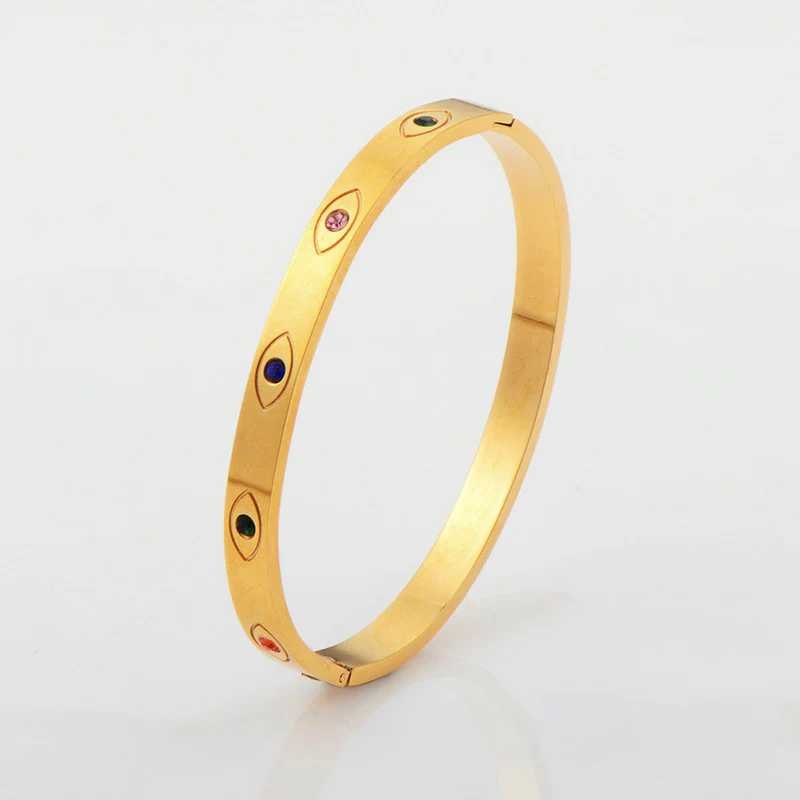 Gold Evil Eye Bangle Bracelet with Multicolor Gem Accents – Mode & Minimal